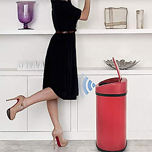 Dkeli Kitchen Trash Can for Bathroom Bedroom Home Office Automatic Touch Free High-Capacity Garbage Can with Lid Brushed Stainless Steel Waste Bin 13 Gallon / 50L - Red