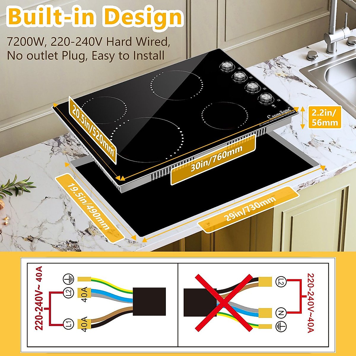 Cusinesync 30 Inch Electric Cooktop, 4 Burner Built-in Electric Stove Top with 9 Power Levels, Knob Control, Auto shutdown and Residual Heat Warning, 7200W, 220-240V for Hard Wire