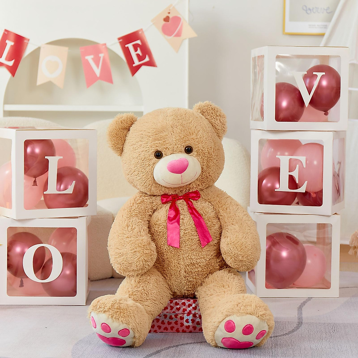 Tezituor Big Teddy Bear Stuffed Animal, Giant Teddy Bear with Pink Love for Girlfriend Boyfriend Kid, Large Stuffed Bear Plush for Valentines Day/Birthday/Baby Shower, 36 inches Tan