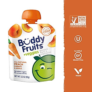 Buddy Fruits Pure Blended Fruit and Veggies Apple, Peach and Carrot Applesauce | 100% Real Fruits & Veggies | No Sugar, Non GMO, Vegan, No Preservatives, Certified Kosher | 3.2oz Pouch 18 Pack