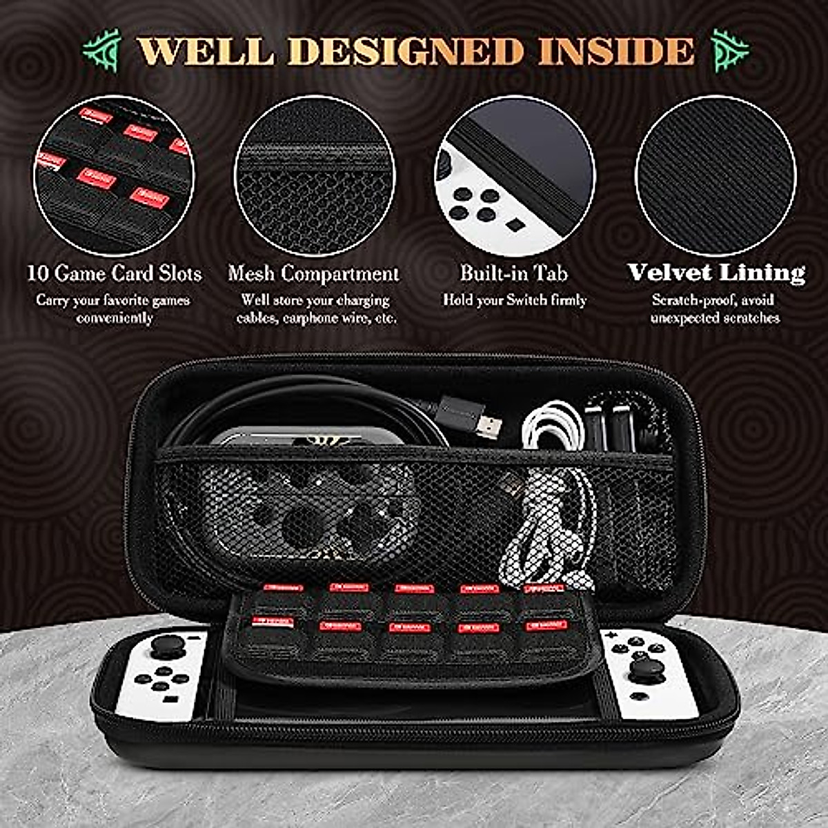 MoKo Carrying Case for Nintendo Switch OLED/Nintendo Switch, Hard Shell Travel Carry Case w/10 Games Slots, Zelda Switch Case for Zelda Tears of the Kingdom & Nintendo Switch Accessories, Black Golden