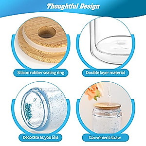 YOUKE OLA 4 Pack Double Wall Glass Cans Blank with Bamboo Lid & Straws, Pre Drilled Beer Can Glass for Snow Globe glitter (Clear 16oz