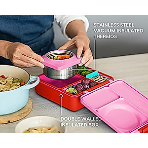 OmieBox Bento Box for Kids Insulated Bento Lunch Box with Leak Proof Thermos Food Jar, 3 Compartments + Purple Utensil Set with Case