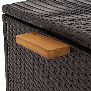 Sunnydaze Faux Wicker Outdoor Deck Storage Box with Acacia Wood Handles - 75-Gallon Patio Cushion Storage Bin with Hinged Lid - Organizer for Garage, Lawn, Pool, Porch and Garden - Brown