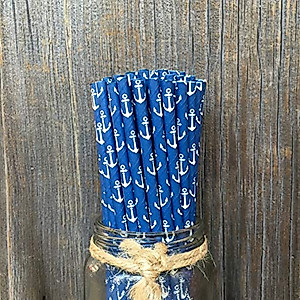 Anchor Nautical Themed Paper Straws - Navy Blue White - 50 Pack