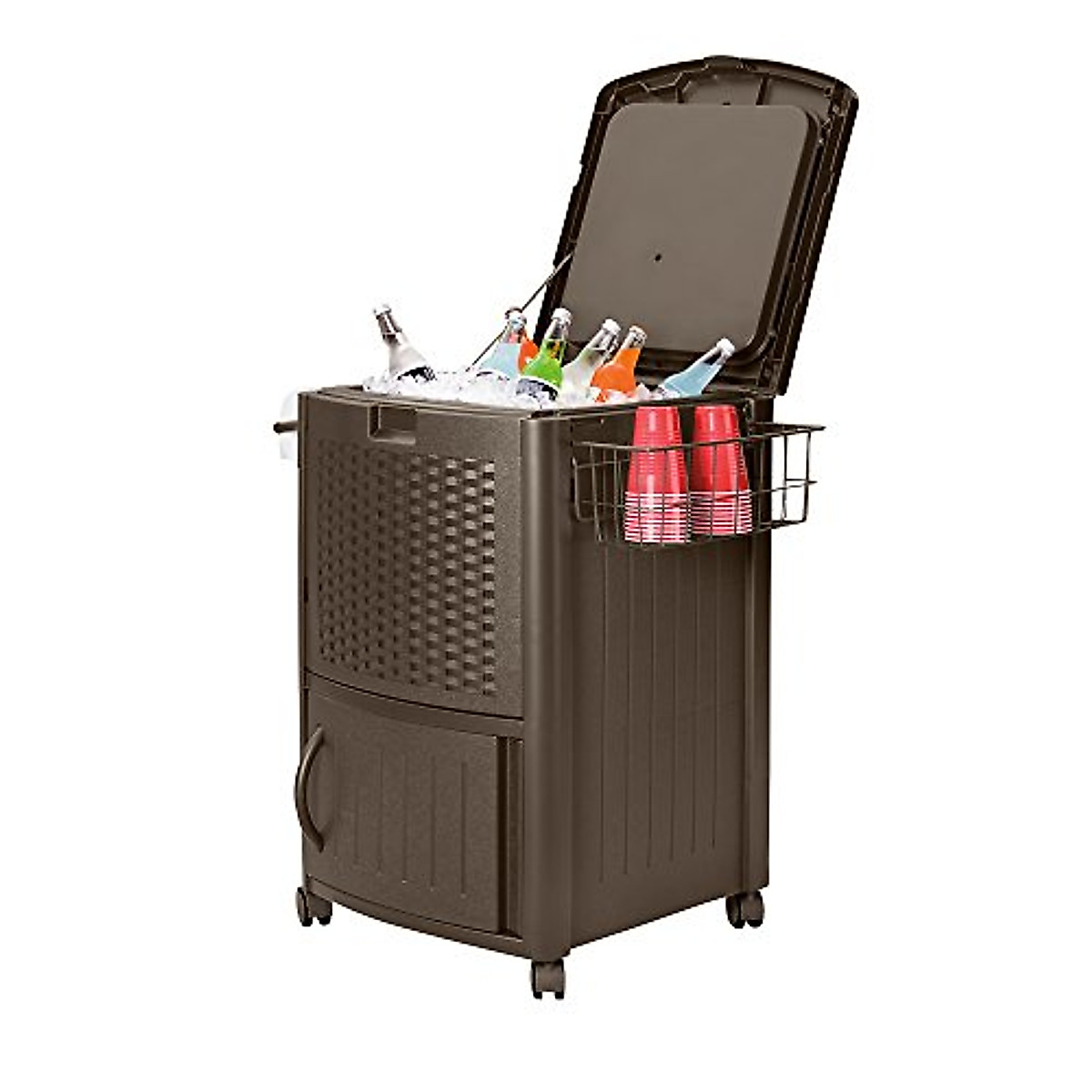 Suncast Resin 77 Quart Wicker-Look Outdoor Patio Cooler with Wheels, Java