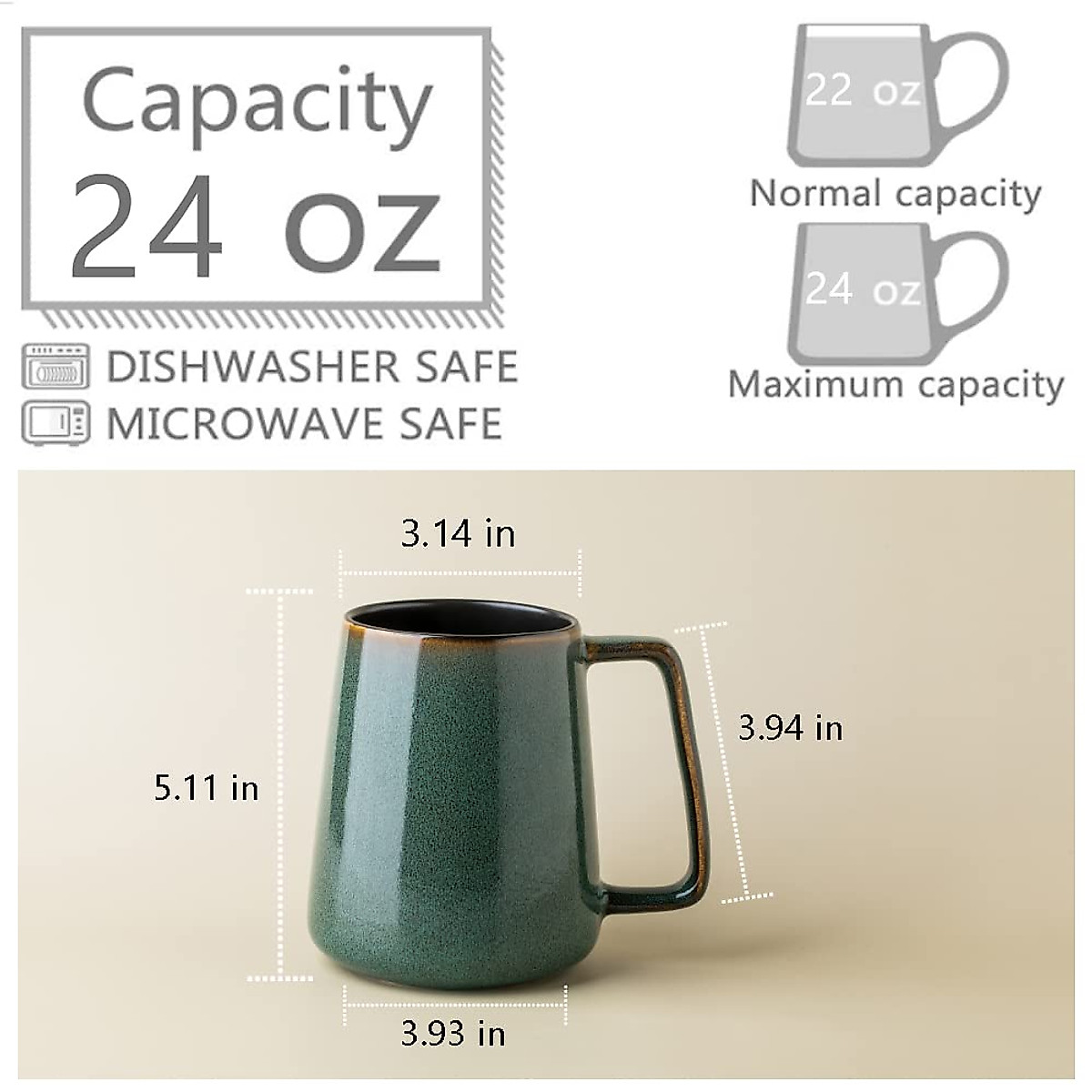 Youccijar Large Ceramic Coffee Mug, 24 oz Extra Big Tea and Coffee Cup for Office and Home, Microwave And Dishwasher Safe (blackish green)