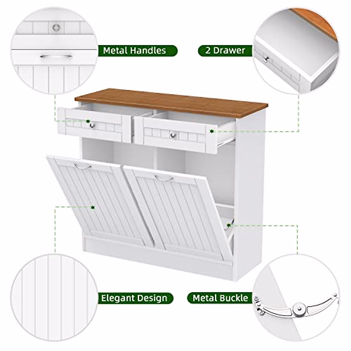 Double Kitchen Trash Cabinet, Dual Tilt Out Trash Cabinet with Two Wood Hideaway Trash Holder Drawers, Free Standing Wooden Kitchen Trash Can Recycling Cabinet Trash Can Holder