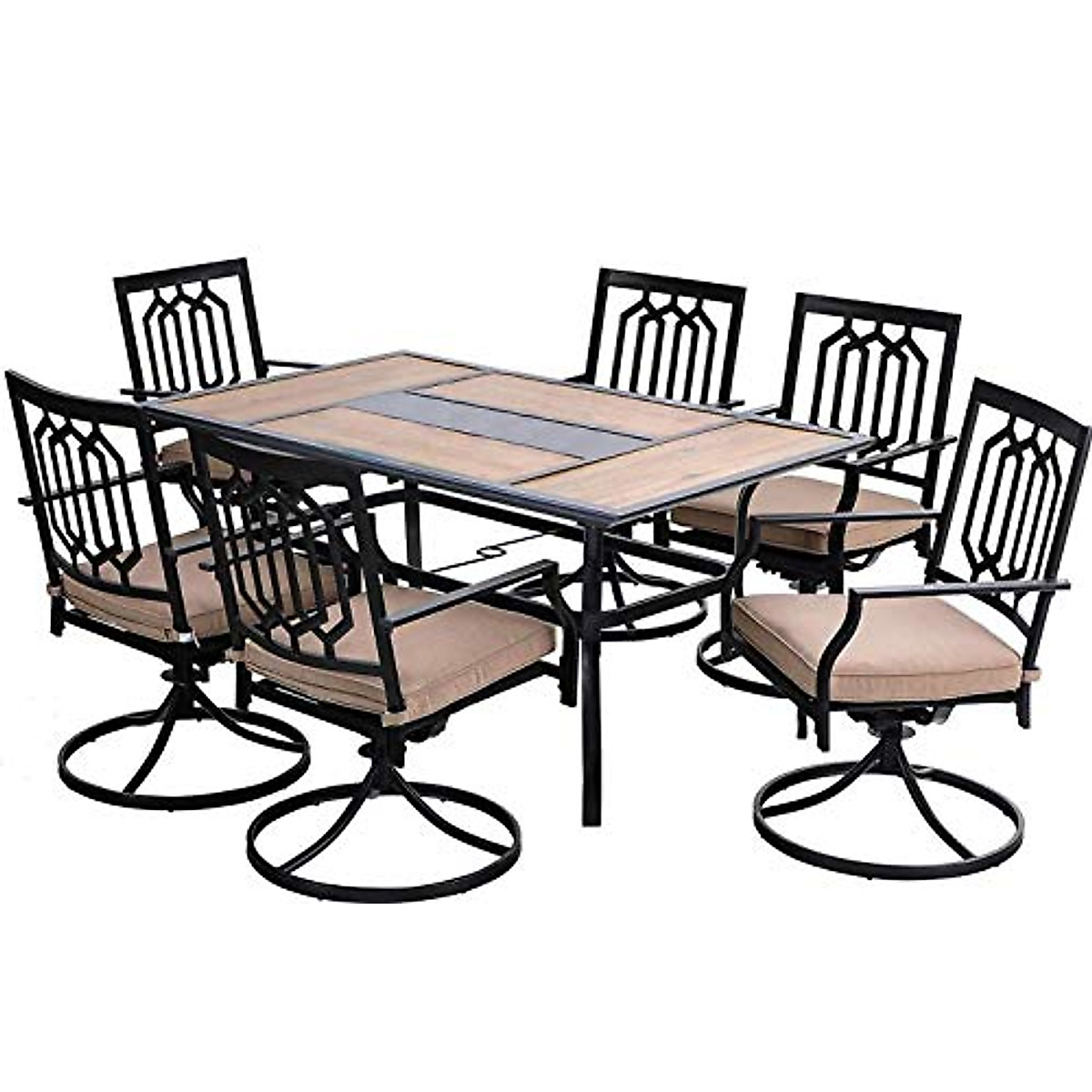 PHI VILLA 7-Piece Outdoor Furniture Dining Set, 1 Rectangle 60"x 37" Large Umbrella Table, 6 Swivel Chairs Furniture Set for Outdoor Garden Lawn Pool Metal Frame Easy to Care Weather Resistant