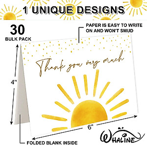 Whaline 30 Pack Baby Shower Thank You Cards with Envelopes Stickers Boho Sun Greeting Cards Sunshine Blank Note Cards for Baby Shower Birthday Wedding Party Supplies, 4 x 6 Inch