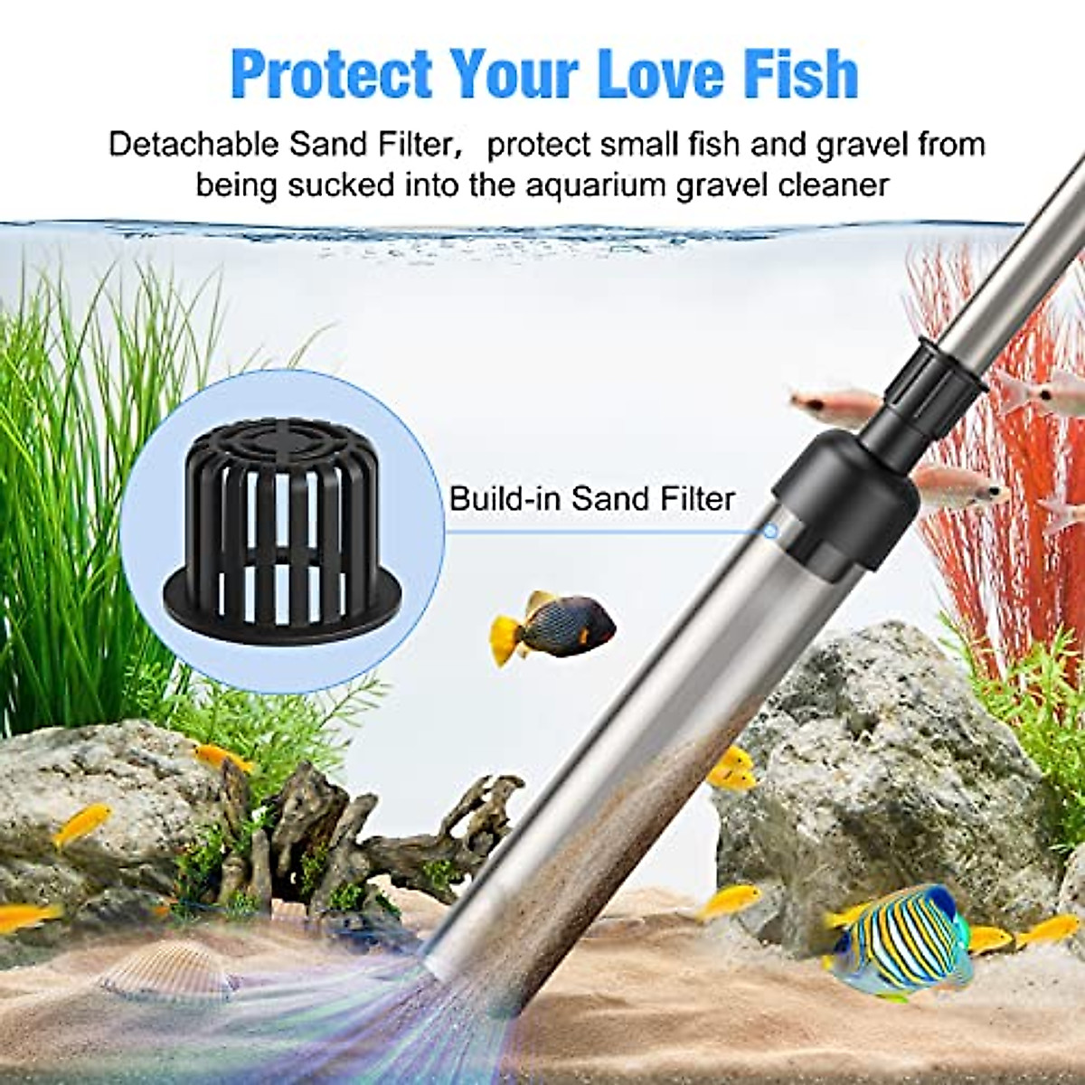 bedee Manual Aquarium Gravel Cleaner, Fish Tank Vacuum Gravel Cleaner, 3 in 1 Aquarium Siphon Vacuum Cleaner Kit for Water Change，Sand Cleaning，Remove Dirt with Adjustable Telescopic Rod