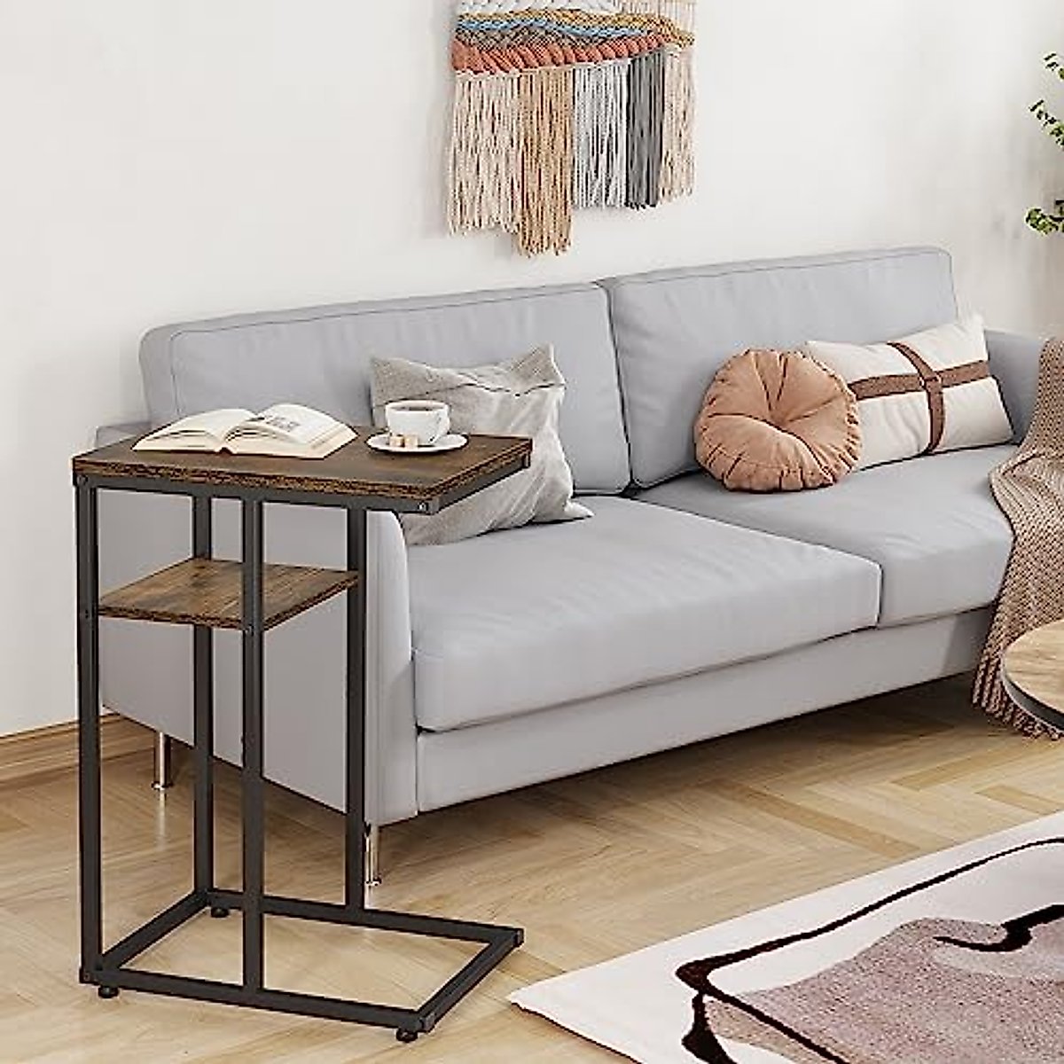 Fixwal End Table, C Shaped, Small Beside Table, Laptop Table, Side Table for Couch and Bed, Rustic Vintage Style, Bedside Table