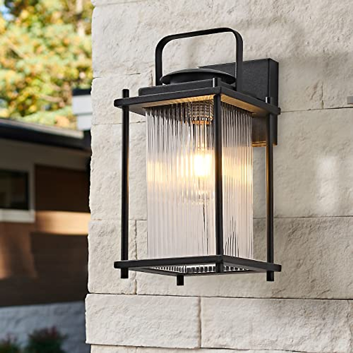 GAAZIE Outdoor Wall Lantern,Exterior Waterproof Light Fixtures,Black Porch Light with Striped Glass,13''H Outdoor Light Fixtures for Garage Front Porch and Patio 1 Pack Bulb Not Included