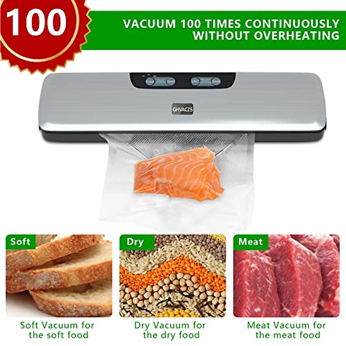 Vacuum Sealer Machine, GHVACZS Lightweight Food Vacuum Sealer Compact Machine for Food Preservation, Automatic Food Sealer Saver Vacuum Machine Easy to Use, Clean and Storage for Home Kitchen (GHVACZS Silver)