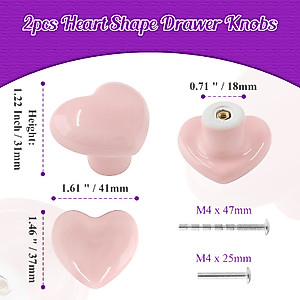 Qjaiune 2pcs Ceramic Cabinet Knobs Pink Drawer Knobs, Heart Shaped Dresser Knobs Cute Kitchen Cabinet Pull Handles, Small Vanity Knobs Hardware Closet Cupboard Knobs for Kids Girls Children's Bedroom