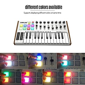 HX Worlde 25 Key USB Portable Tuna Mini MIDI Keyboard MIDI Controller with 8 Knobs, 8 Drum Pads, 8 Faders, Wood Imitation Rim, Pedal Interface, for Mac and PC
