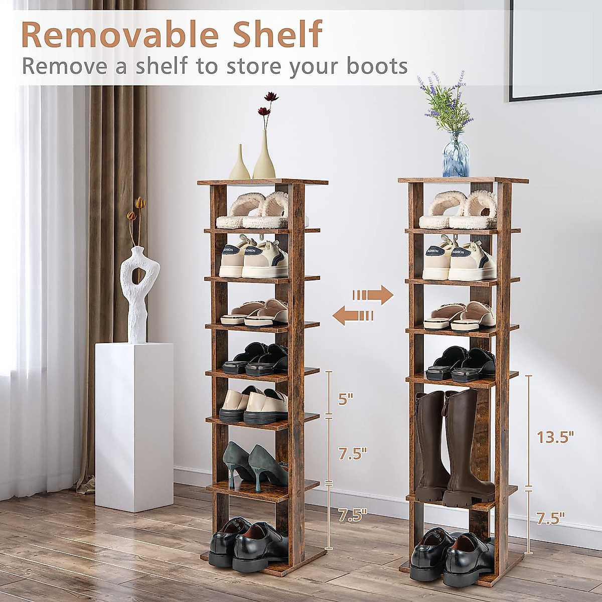 Giantex 8-Tier Vertical Shoe Rack, Patented Corner Shoe Storage Organizer for 8 Pairs, Freestanding Narrow Shoe Rack, Industrial Space-Saving Shoe Tower for Entryway, Living Room, Bedroom, Brown