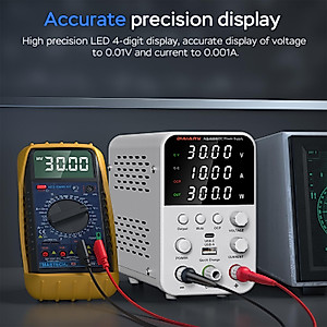 DC Power Supply Variable, 30V 10A Bench Power Supply with Encoder Knob, 4-Digits Display, Adjustable Regulated lab Power Supply with 5V 3.6A USB & Type-C Quick-Charge, Output Switch (30V 10A)
