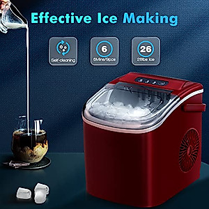 Ice Maker Countertop 9 ice Cubes Ready in 6 Mins with Handle, Portable Ice Machine with ice Scoop and Basket Self-Cleaning Ice Makers, Up to 26 lbs for Home Kitchen Office Bar Party（RED