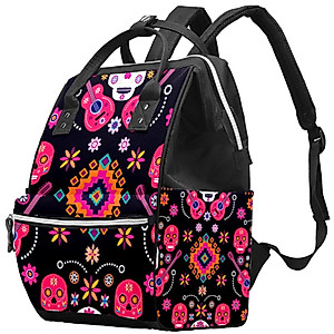 Sugar Skulls with Flowers Guitar Diaper Bag Backpack Baby Nappy Changing Bags Multi Function Large Capacity Travel Bag