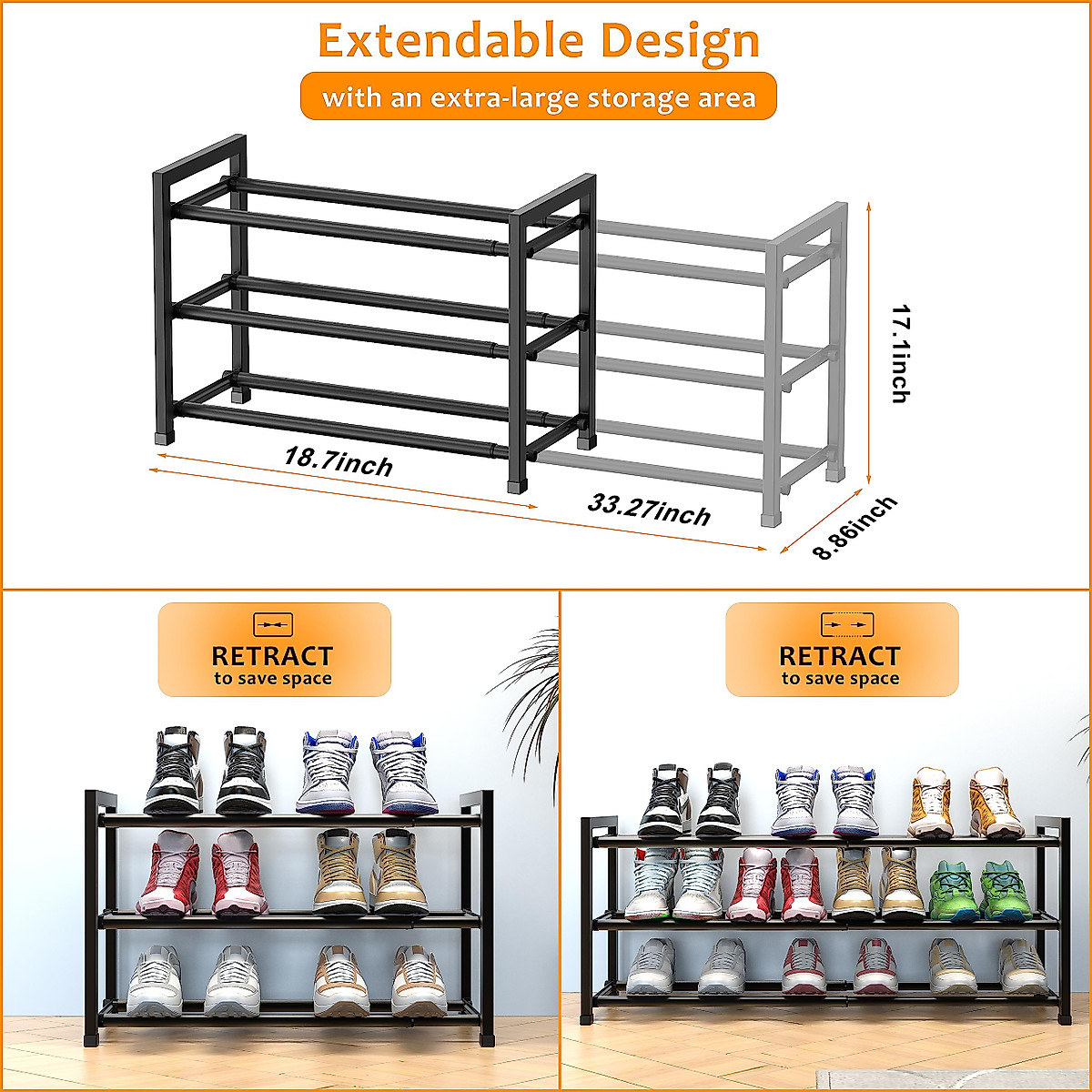 Bumusty Expandable Shoe Rack for Closet, Adjustable Small Shoe Rack for Entryway, Shoe Rack for Closet Small Space, Extendable Shoe Organizer for Front Door,Sturdy Metal Shoe Rack, Black 3-Tier