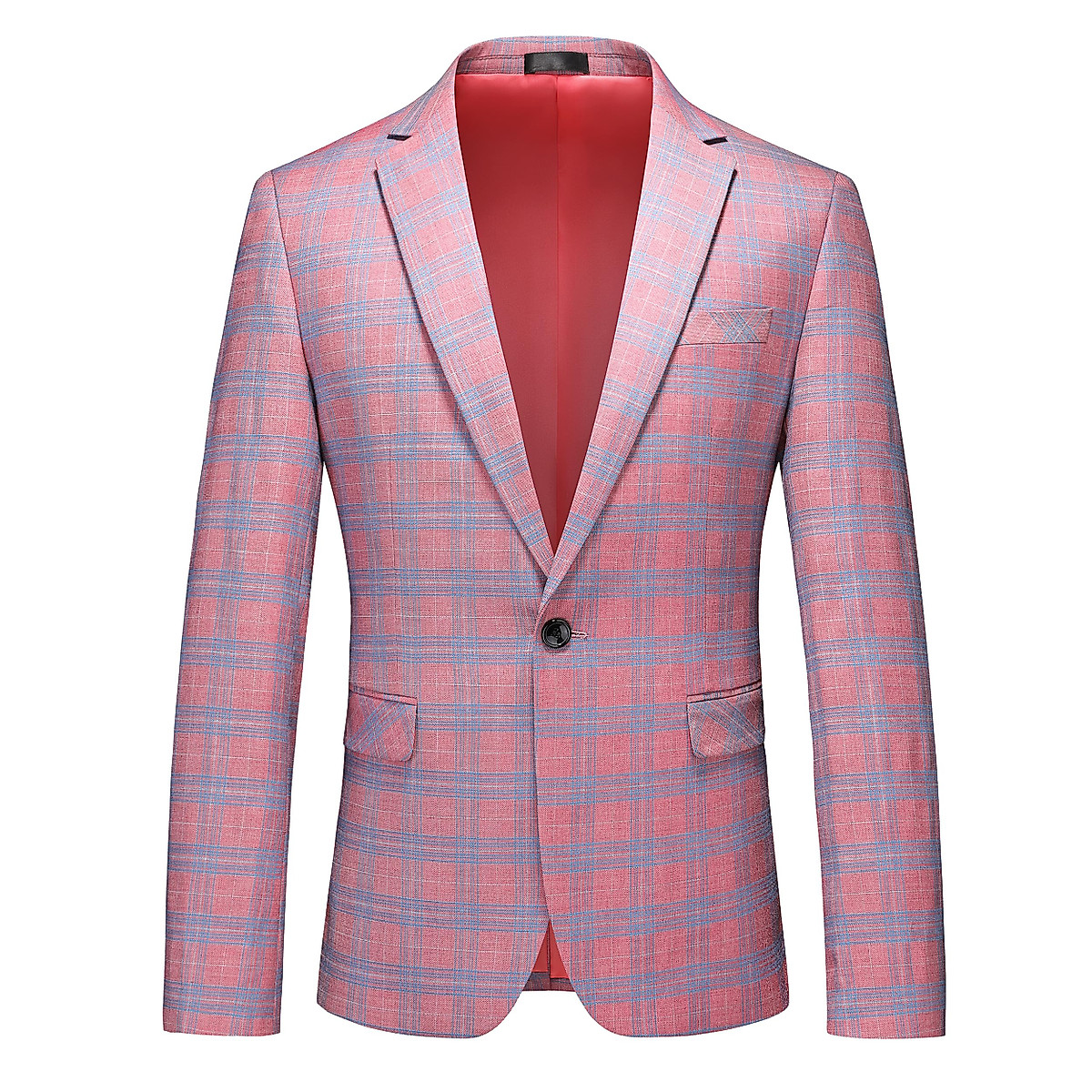 MOGU Men's Slim Fit Plaid Suit Set Checkered Sport Coat Blazer, Vest and Pants - Each Sold Separately for Wedding, Prom & Party Pink Size 36 Chest