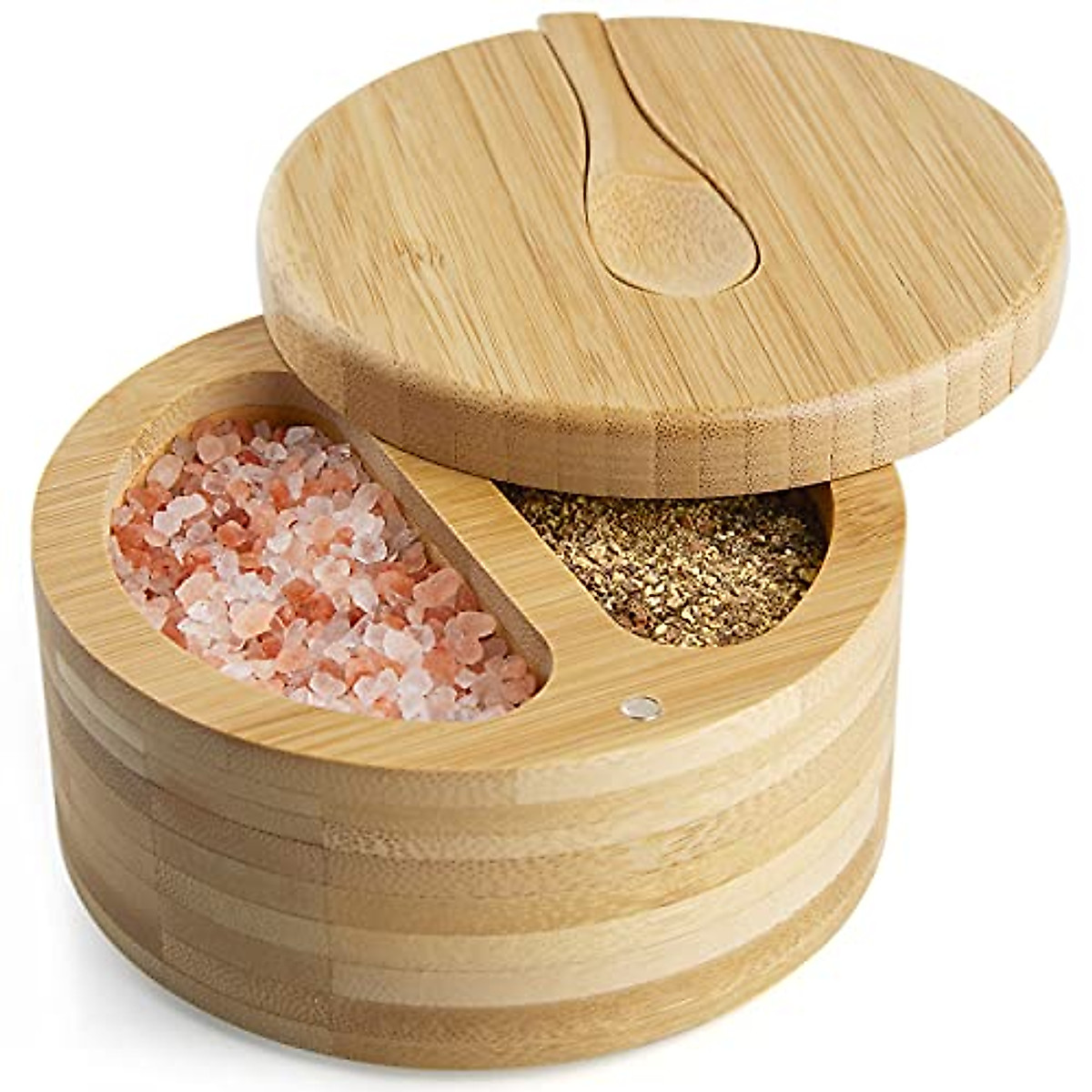 Bivvclaz Large Salt Spice Box with Swivel Lid Bamboo Salt Cellar with Lid and Spoon, 2-Compartment Salt Pepper Bowls for Salt & Spices, Salt Container Holder for Sea Salts, Dual 6 oz