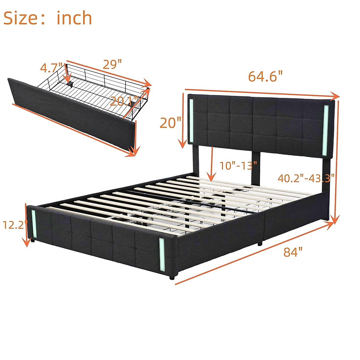 Upholstered Bed with LED Lights and USB Charging, Queen Size Storage Bed Platform Frame with Headboard and 4 Drawers for Bedroom, No Spring Box Required (Dark Gray)