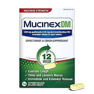 Mucinex DM 12Hr Maximum Strength Chest Congestion & Cough Medicine For Adults, Cold And Cough Medicine for Excess Mucus Relief, 1200 mg Guaifenesin & 60 mg Dextromethorphan HBr, 14 Bi-Layer Tablets