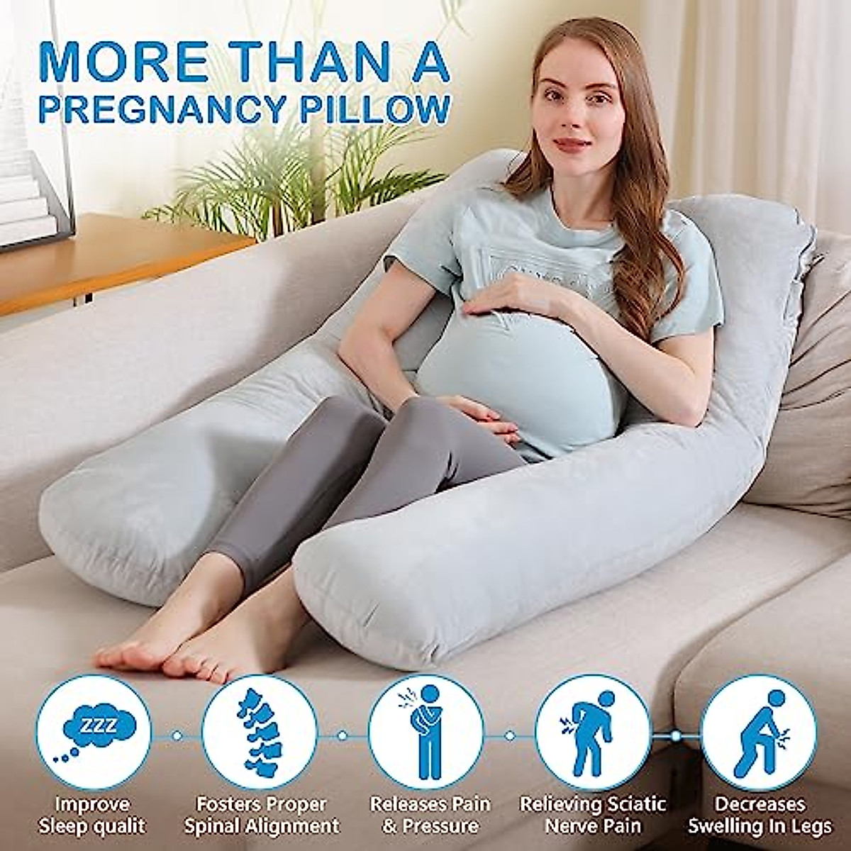Pregnancy Pillows, U Shaped Full Body Pillow with Washable Velvet Cover, 55 Inch Maternity Pregnancy Pillows for Sleeping, Support for Back, HIPS, Legs, Belly for Pregnant Women (Light Gray)
