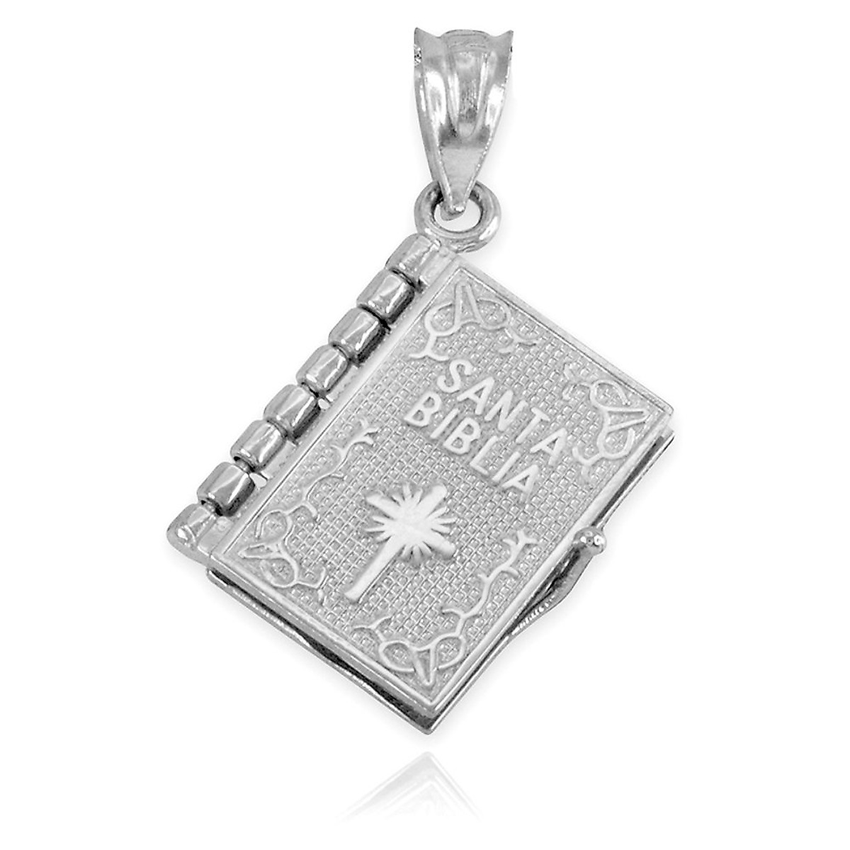 Claddagh Gold Religious Jewelry Sterling Silver 3D Santa Biblia Book w/Lord's Prayer in Spanish Charm Pendant
