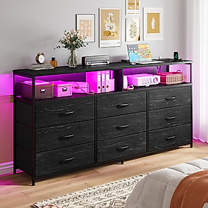 EnHomee 55” W Dresser, Black Dresser for Bedroom with Power Outlet & LED Lights 65" TV Stand for Bedroom Dresser with 9 Fabric Drawers, Sturdy Dressers for Bedroom, Closet, Entryway