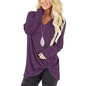 SimpleFun Twist Knot Tunic Tops for Women Petite Long Sleeve V Neck Loose Fitting Tshirts Purple S
