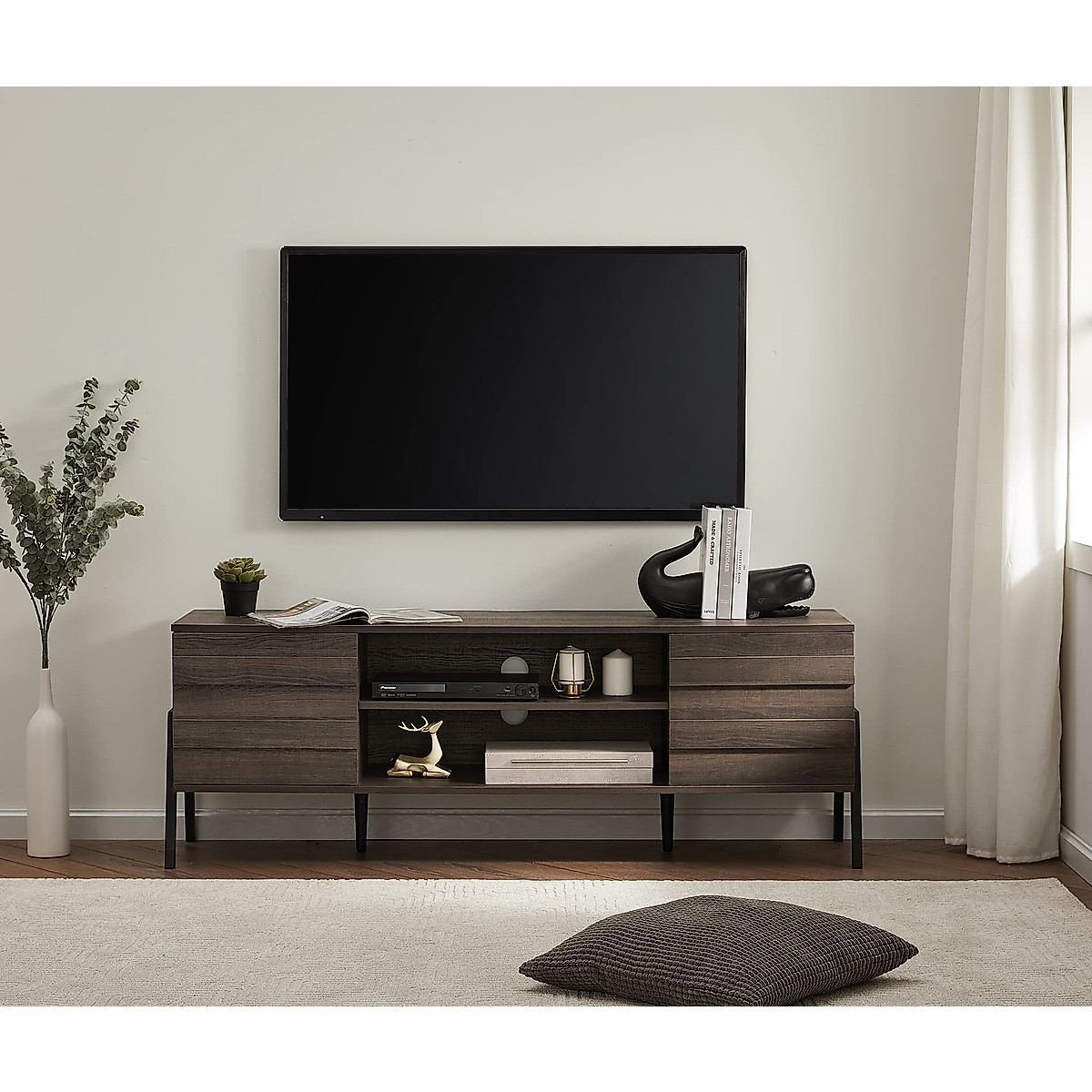 WAMPAT Mid-Century Modern TV Stand for 65 inch TV, Wood Entertainment Center Retro TV Console with 4 Storage Cabinet for Living Room Bedroom, 60'' Espresso