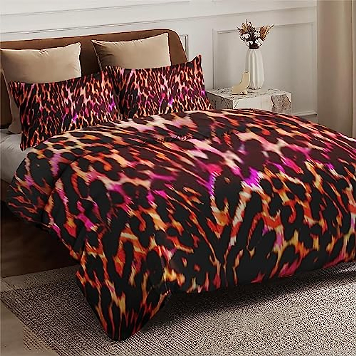 Duvet Cover Queen Size, Animal Leopard Sexy Tiger Bedding Set with Zipper Closure for Kids and Adults, Red Pink Lion Comforter Cover with 2 Pillow Shams for Bedroom Bed Decor