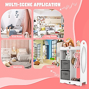 Costzon Kids Dress up Storage Wardrobe, Toddler Armoire Dresser Wardrobe W/Mirror & Cloth Hanger, Cute Crown Patterns, Pretend Costume Closet Toy Organizer, Perfect for Kids Bedroom, Playroom (White)