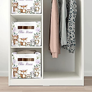 Woodland Animals Purple Flower Personalized Storage Bins,Foldable Baskets Organizer with Handle for Nursery Pet Toy Clothes Box 1 Pack