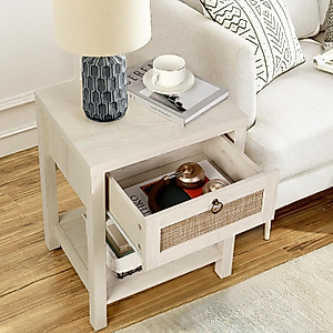 VOWNER 2 PCS White Rattan Nightstand Set of 2, Wood Night Stand with Vintage Metal Pull Handle, Bedside Table Boho End Tables Side Tables with Storage Shelf, for Bedroom