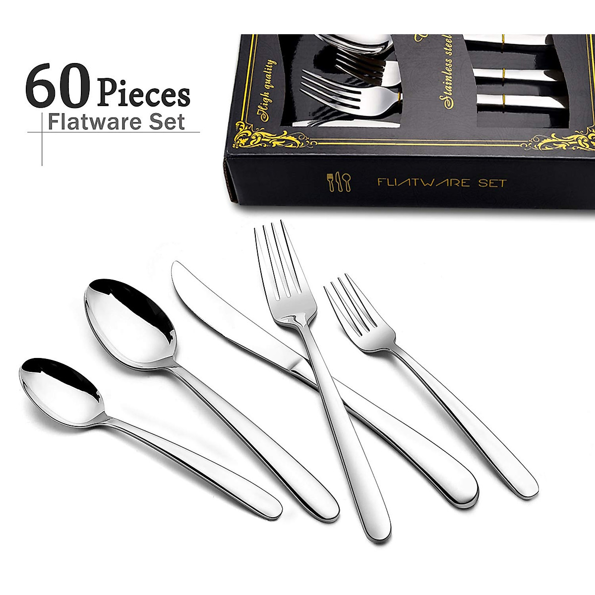60-Piece Heavy Duty Silverware Set, HaWare Stainless Steel Solid Flatware Cutlery for 12, Modern & Elegant Design for Home/Hotel/Wedding, Mirror Polished and Dishwasher Safe