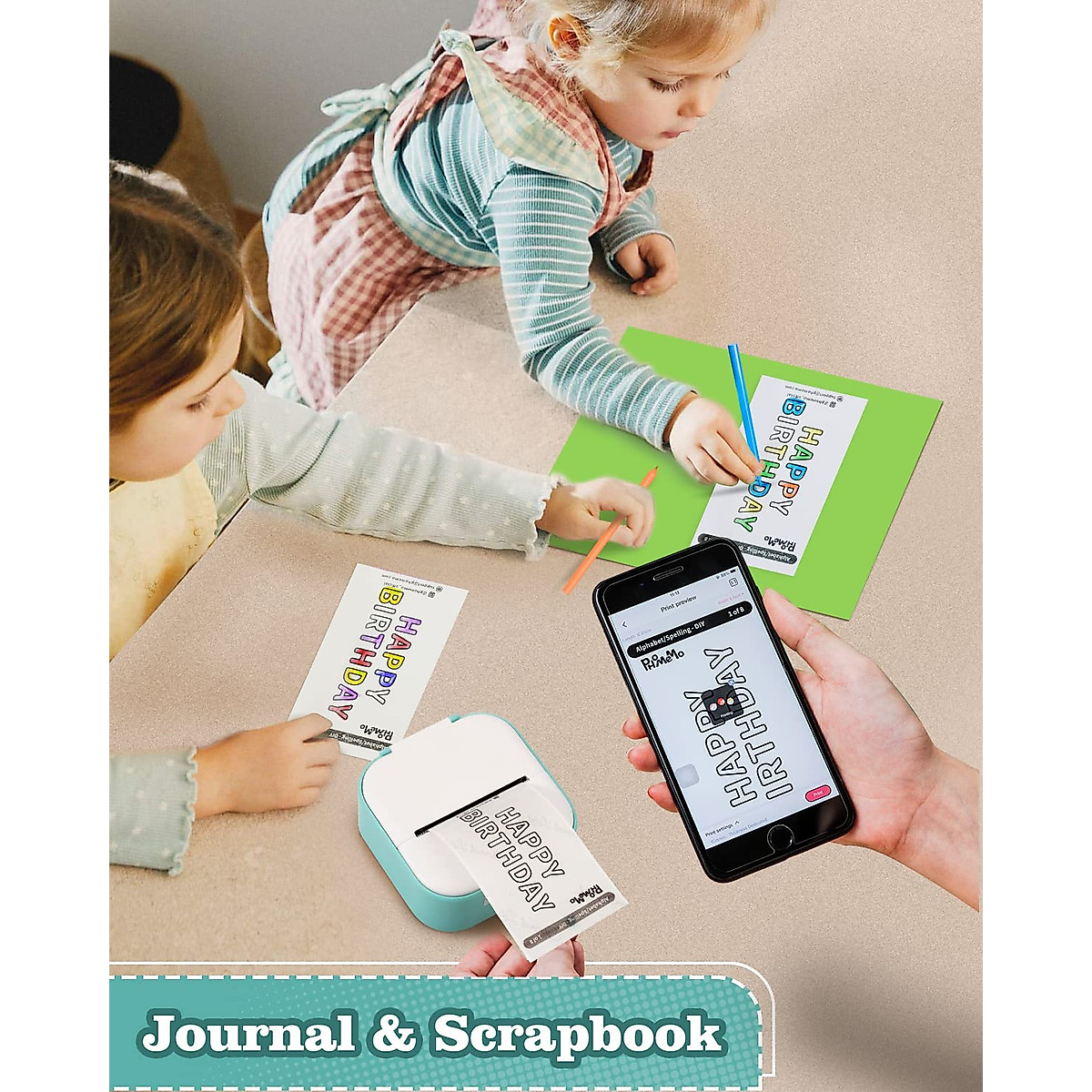 Memoking T02 Portable Small Printer with 3 Rolls Paper, Sticker Printer Machine for Study, Notes, Pictures, Photos, Journals, DIY and White Sticky Paper