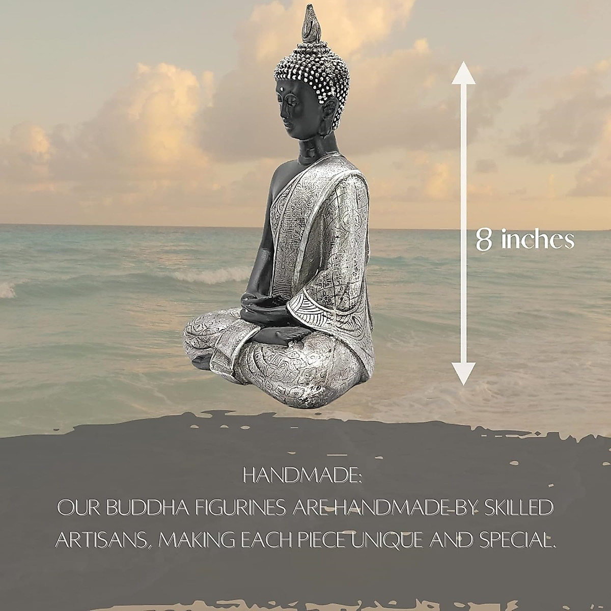 Bellaa 28526 Rustic Buddha Statue Japanese Style Zen Garden Sculpture Figurine Meditating Sitting Dhyana Mudra Lotus Pose Yoga Altar Peace Harmony Home Decor 8 inch