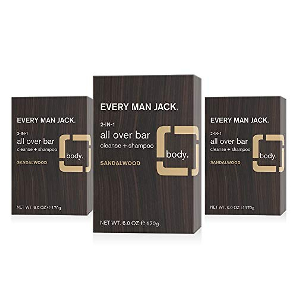 Every Man Jack Sandalwood 2-in-1 Mens Bar Soap - Wash and Shampoo for All Skin and Hair Types - Ultra Hydrating Made with Natural Ingredients like Shea Butter, Aloe Vera, Glycerin - 6oz