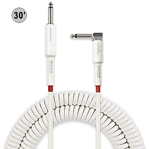 M MAKA Premium Guitar Coil Cable 30 Feet, Instrument Coiled Curly Cord for Guitar Bass, 1/4 inch Right Angle to Straight, White
