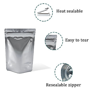 PABCK 50 Pieces 4.3x6.3 inch(Inside Size 3.5x3.9 inch) Stand-Up Resealable Heat Seal Bags 3.55mil Thick Frosted Silver Foil Sealed Bags for Zip Packaging Lock Food Storage Pouch