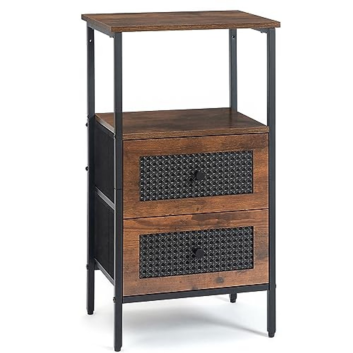 DOVAMY Rattan Nightstand with 2 Drawers, End Table for Small Spaces, Side Table with Storage for Bedroom, Living Room, Dorm, 27.5'' Bed Stand with Open Shelf, Rustic Brown BN03V