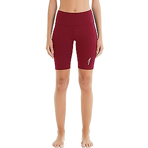 COOLOMG Women's Yoga Shorts Tummy Control Running Workout Bike Athletic Sport Shorts Non See-Through Side Pockets Burgundy Small
