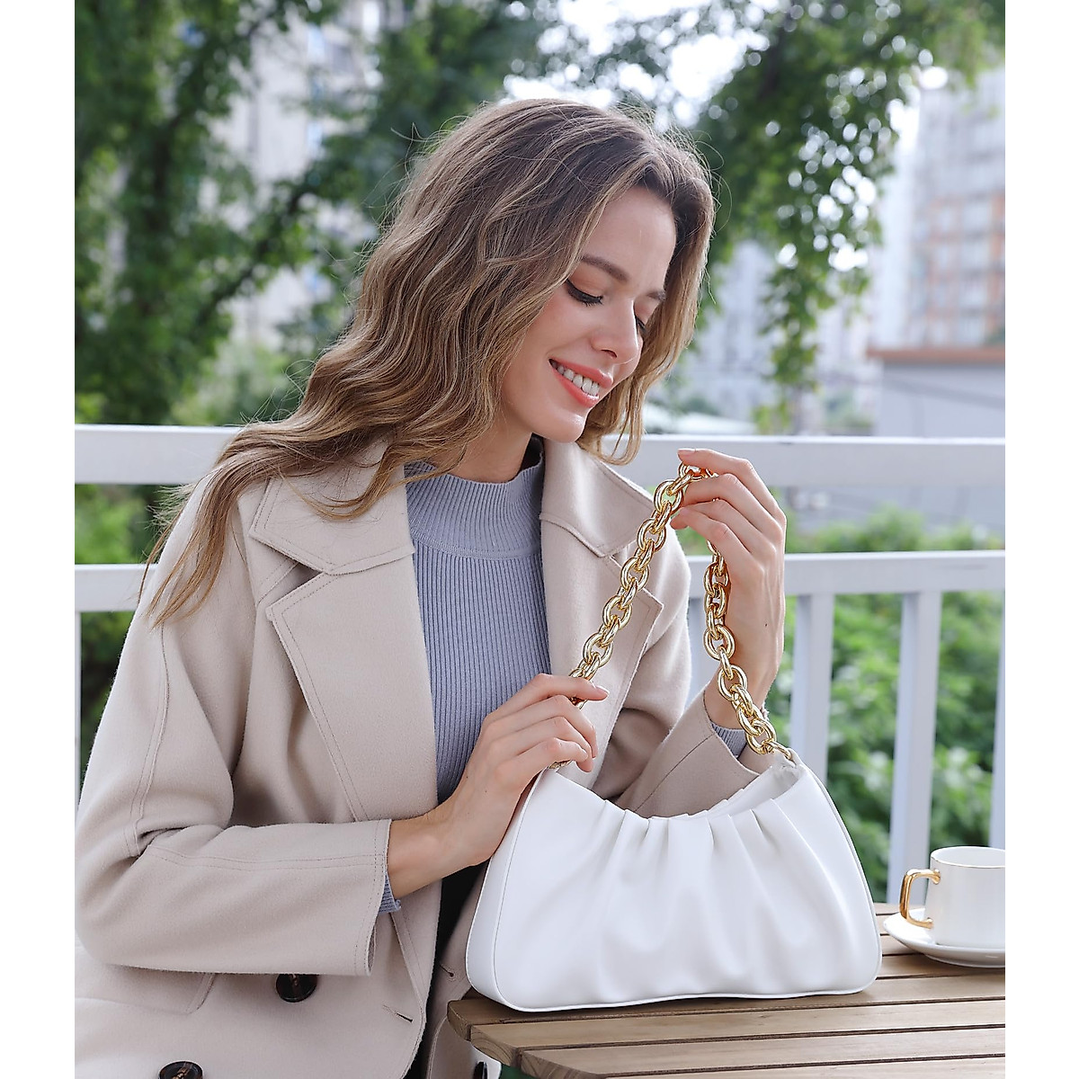 JOLLQUE Shoulder Bag for Women,Small Leather Dumpling Bags Handbag Purse,Gold Chain Evening Clutch Purses with Heavy Aluminum Metal Chain(White)