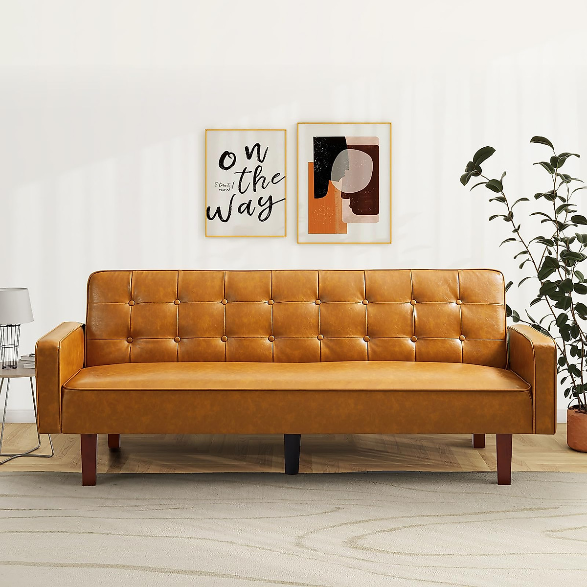 IULULU Futon Sofa Bed, Modern Convertible Faux Leather Sleeper Couch with Armrests for Studio, Office, Apartment, Compact Living, Game Room, Overnight Guests, Brown