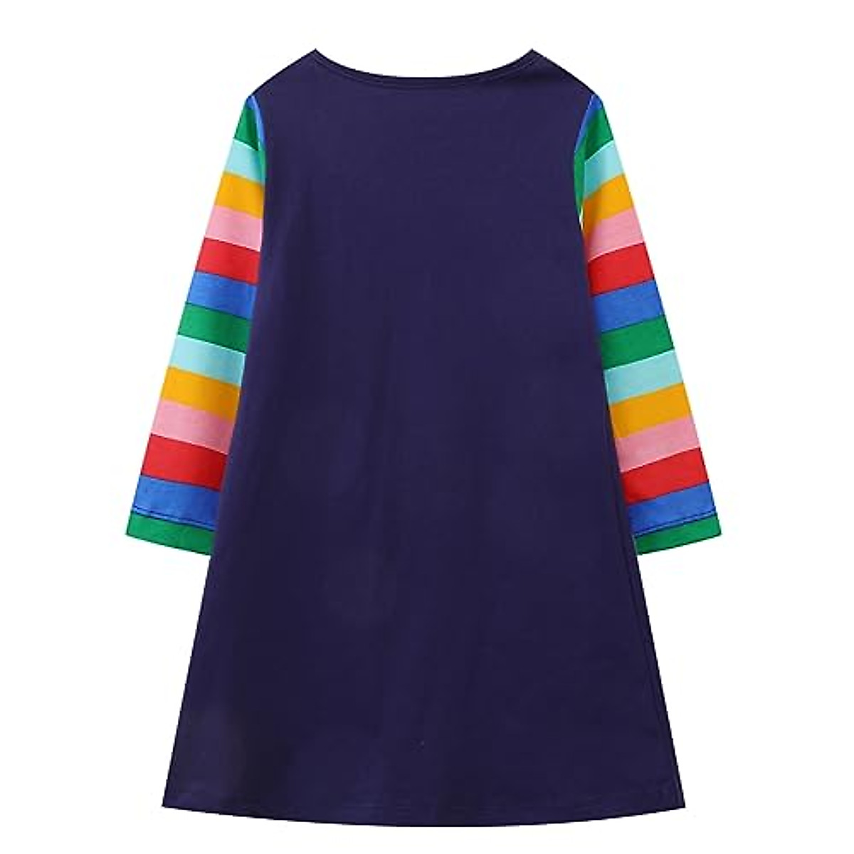 Little Girl Long Sleeve Dress Rainbow Stripe Back to School Pocket Pen Applique Navy Blue Autumn Dresses 6 Years
