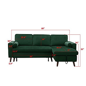 i-POOK 88" Sectional Sofa with Pull-Out Bed, Modern Velvet Upholstered Corner Sofa Bed with Reversible Storage Chaise and 2 Pillows, Mid-Century L-Shaped Sofa for Living Room Office, Green